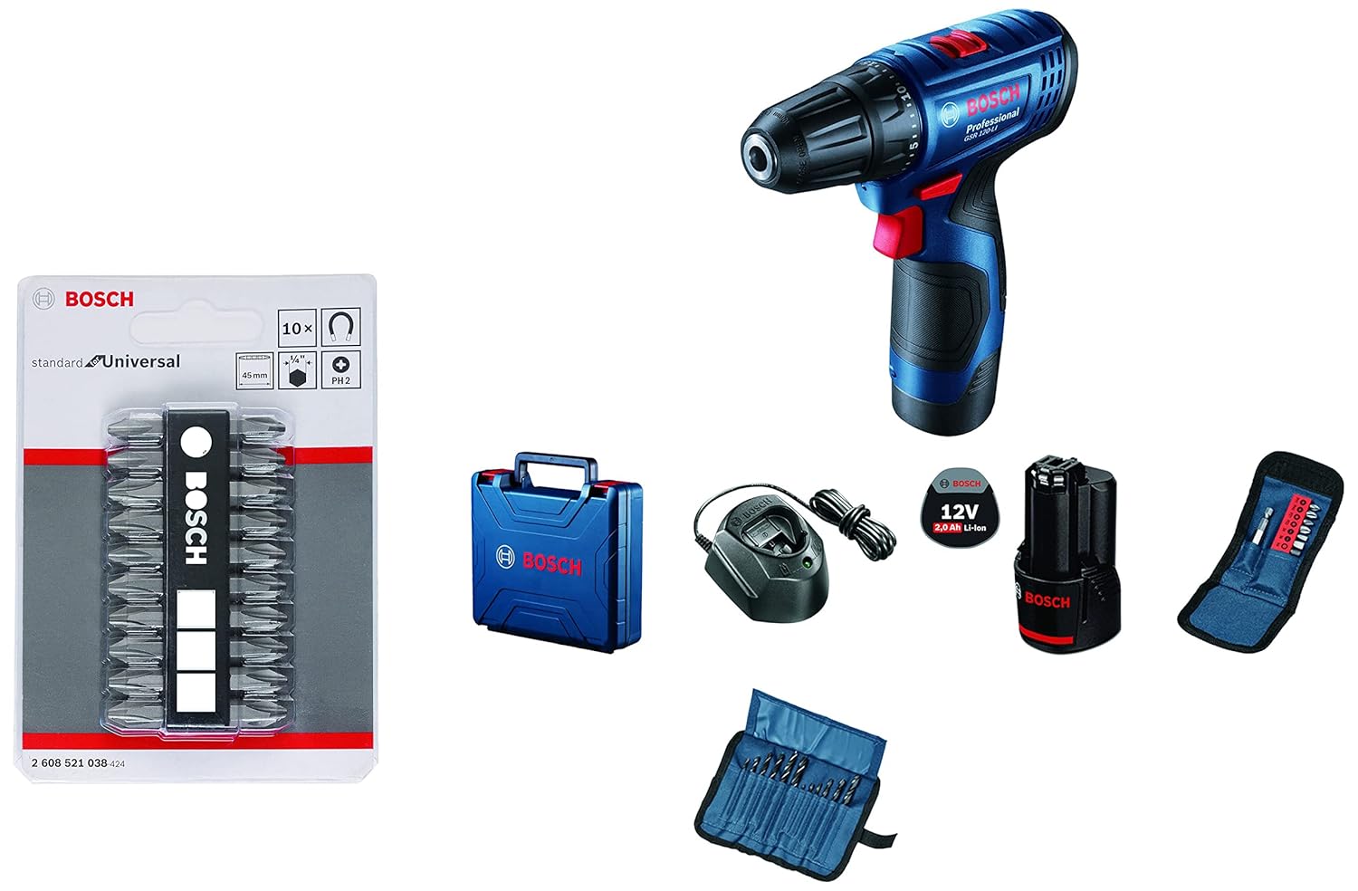 Bosch GSR120-Li Cordless Drill Driver, 12V Double Battery with Bosch ...