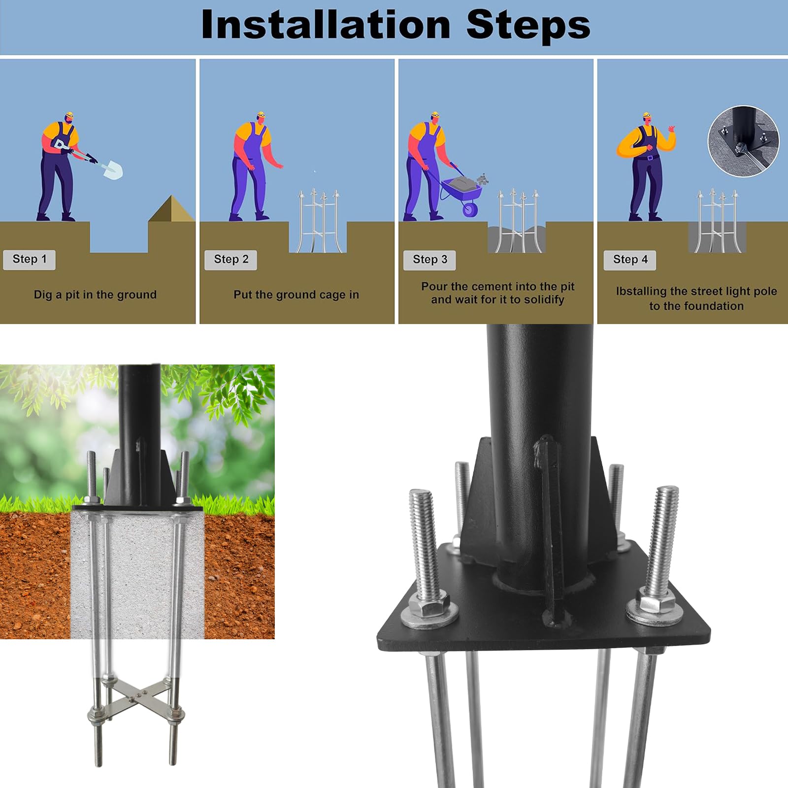 Reinforcing Pole Light Bases 10FT 12FT 15FT Curved Shape Aluminum