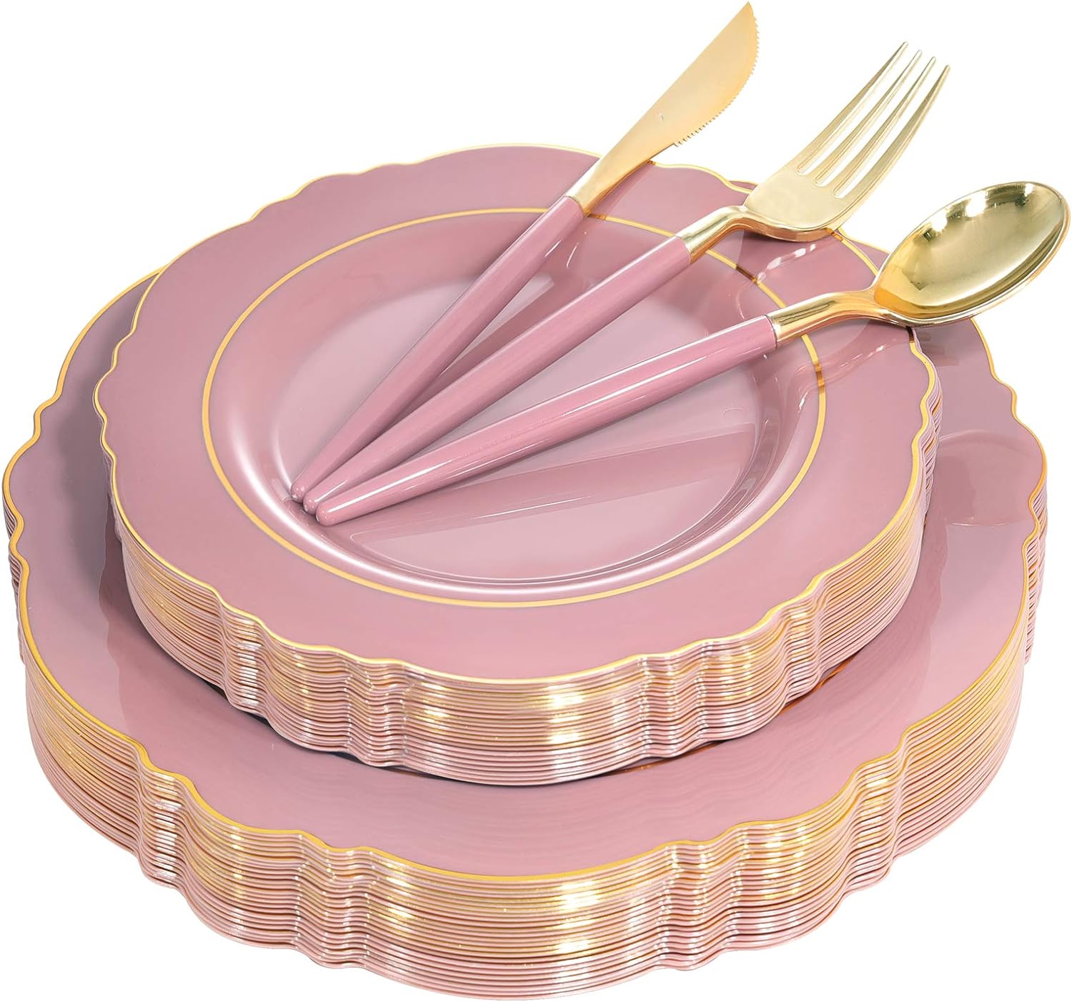 Amazon Nervure 100PCS Mauve Pink Plastic Plates With Gold Rim amazon-nervure-100pcs-mauve-pink-plastic-plates-with-gold-rim