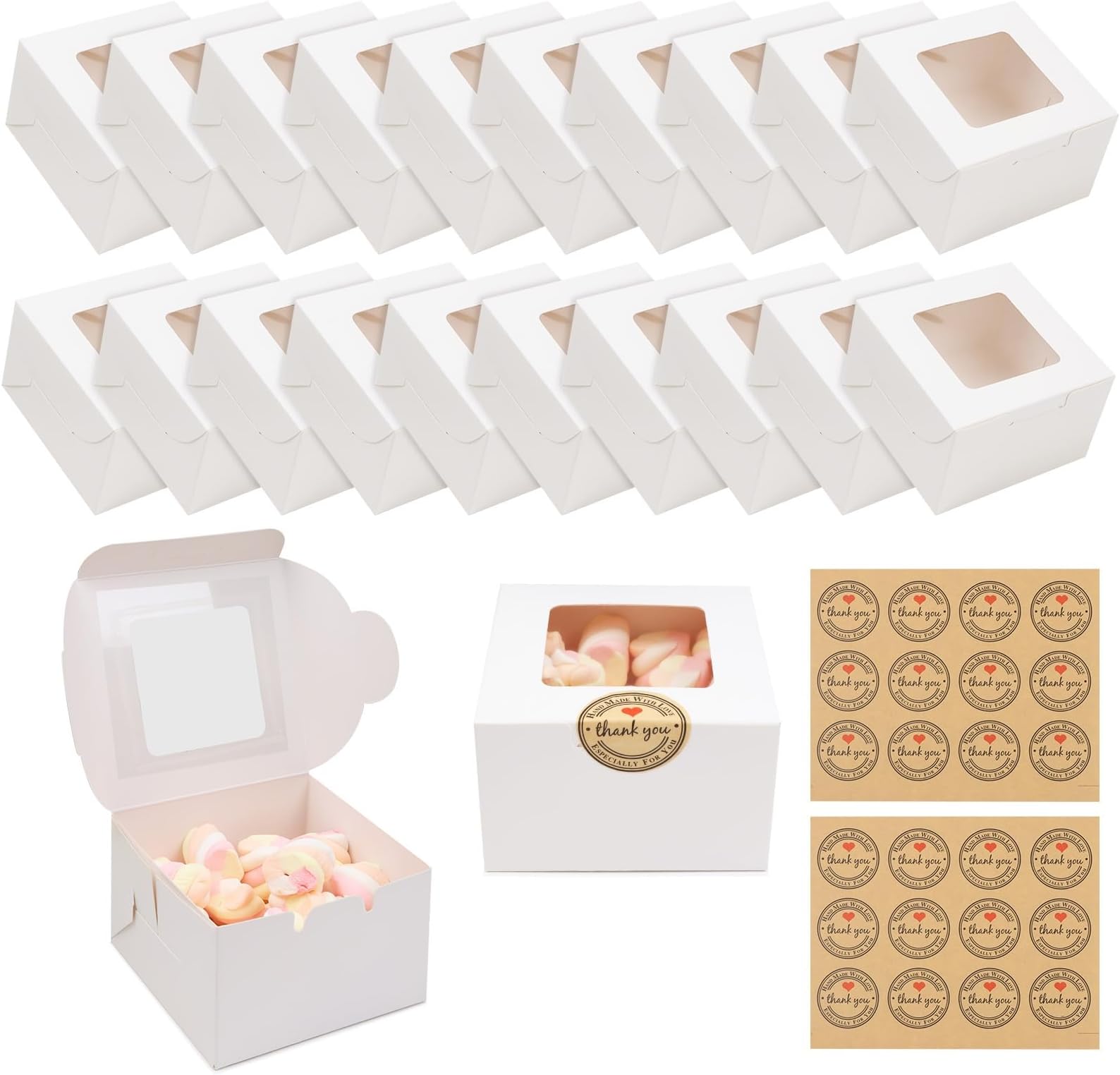 20 Pcs Small Cake Boxes with Stickers,4 Inch White Bakery Boxes with ...