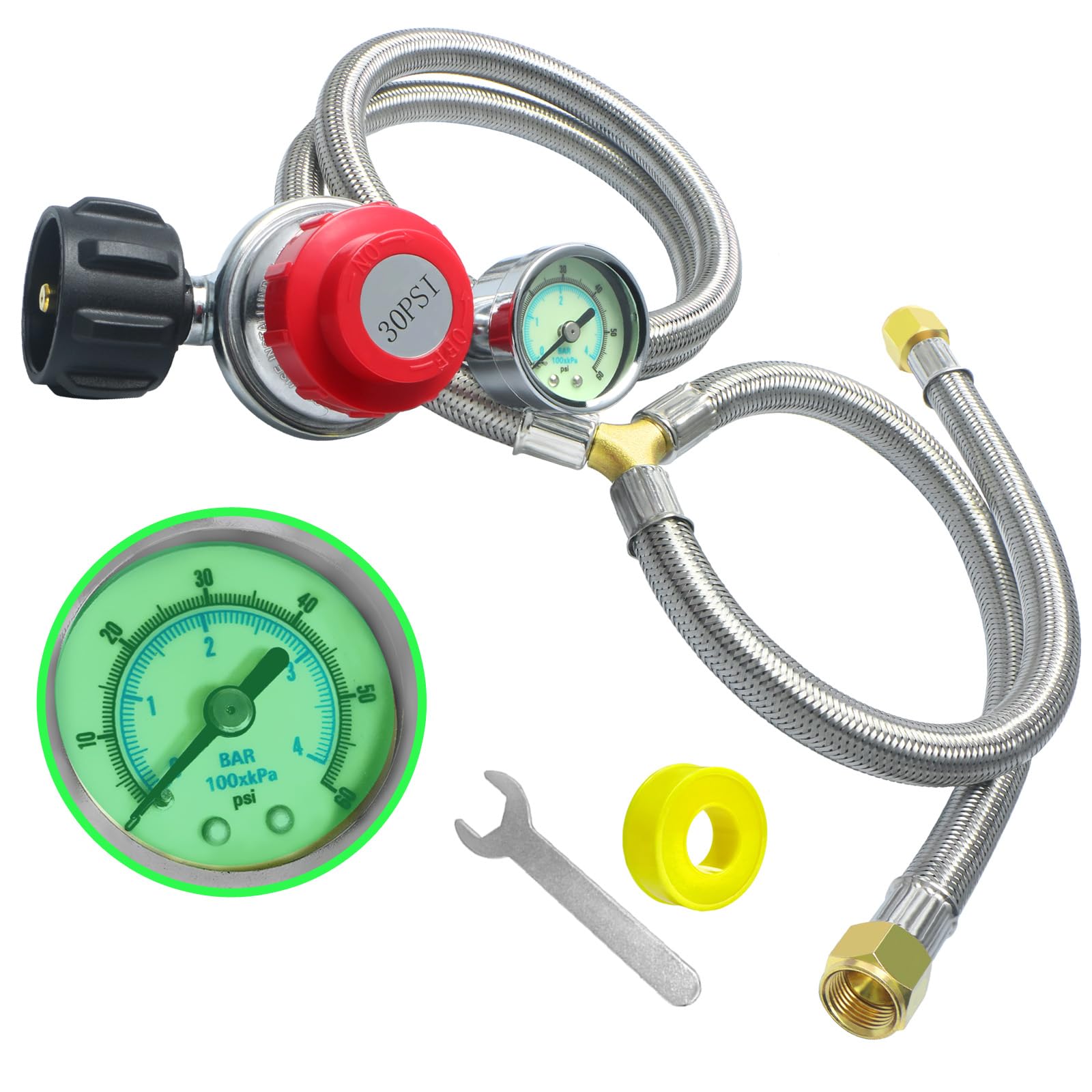 Snapklik.com : 0-30 PSI Adjustable Propane Regulator Stainless Braided Hose
