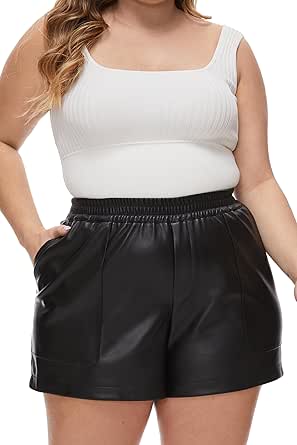 Fahsyee Plus Size Black Shorts - Faux Elastic High Waisted Leather ...