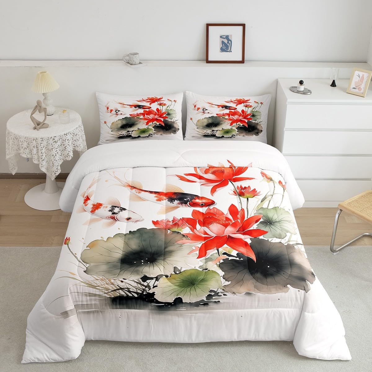 Amazon.com: Koi Carp Fish Lotus Flower Comforter Set Queen Size,Chinese ...