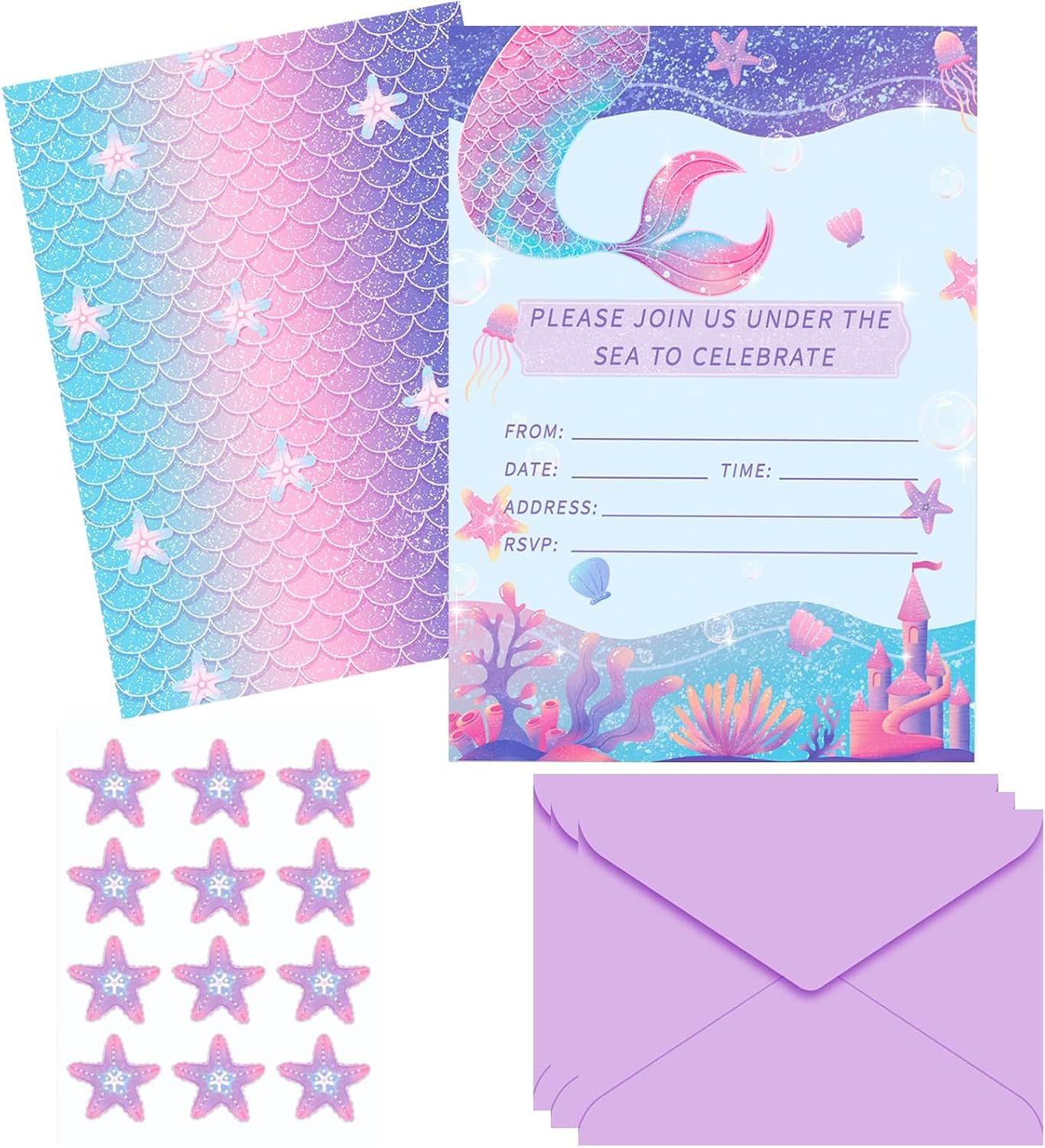 Mermaid Birthday Invitations with Envelopes and Mermaid Sticker for ...