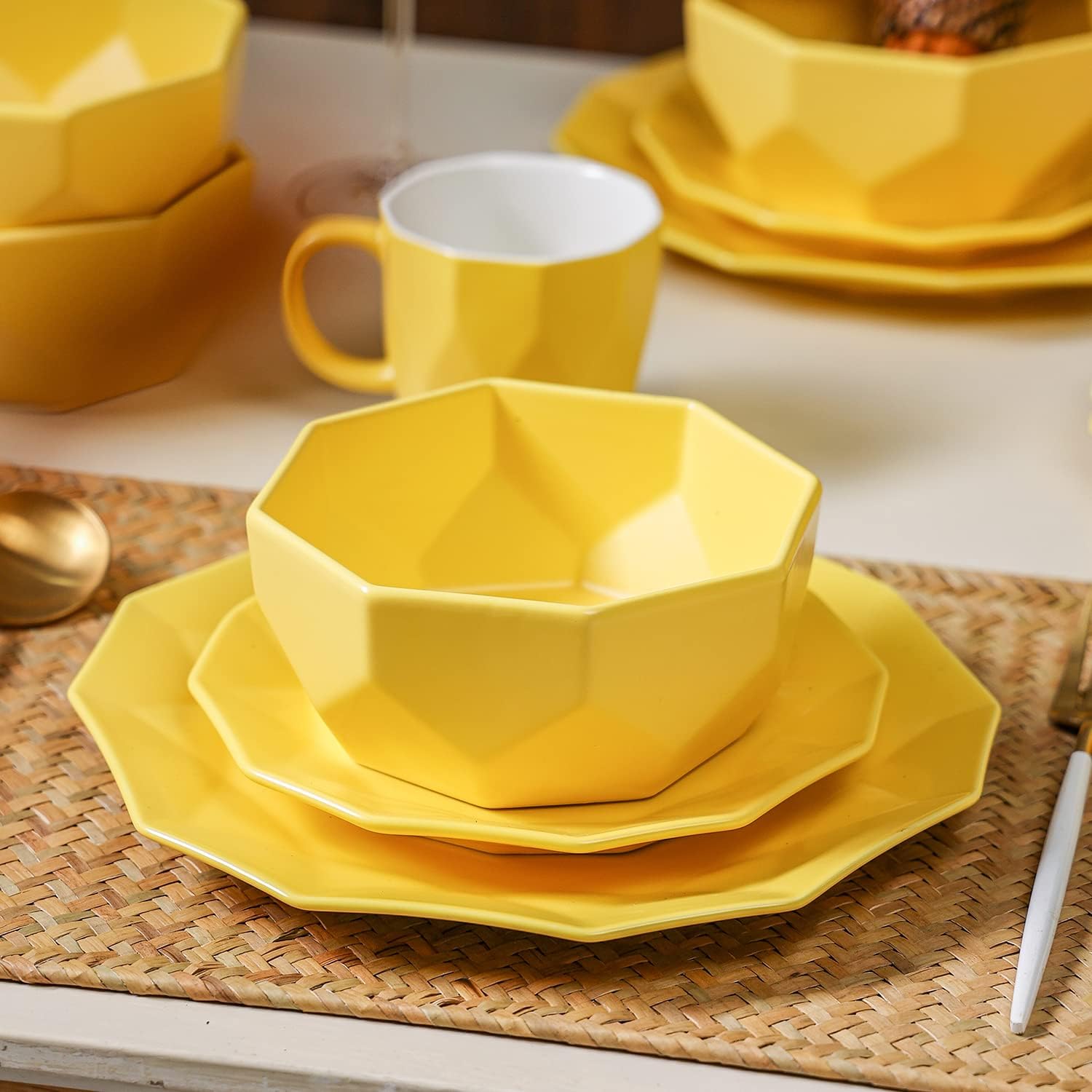 Stone + Lain Jamie Porcelain 16-Piece Geometric Dinnerware Set, Yellow ...