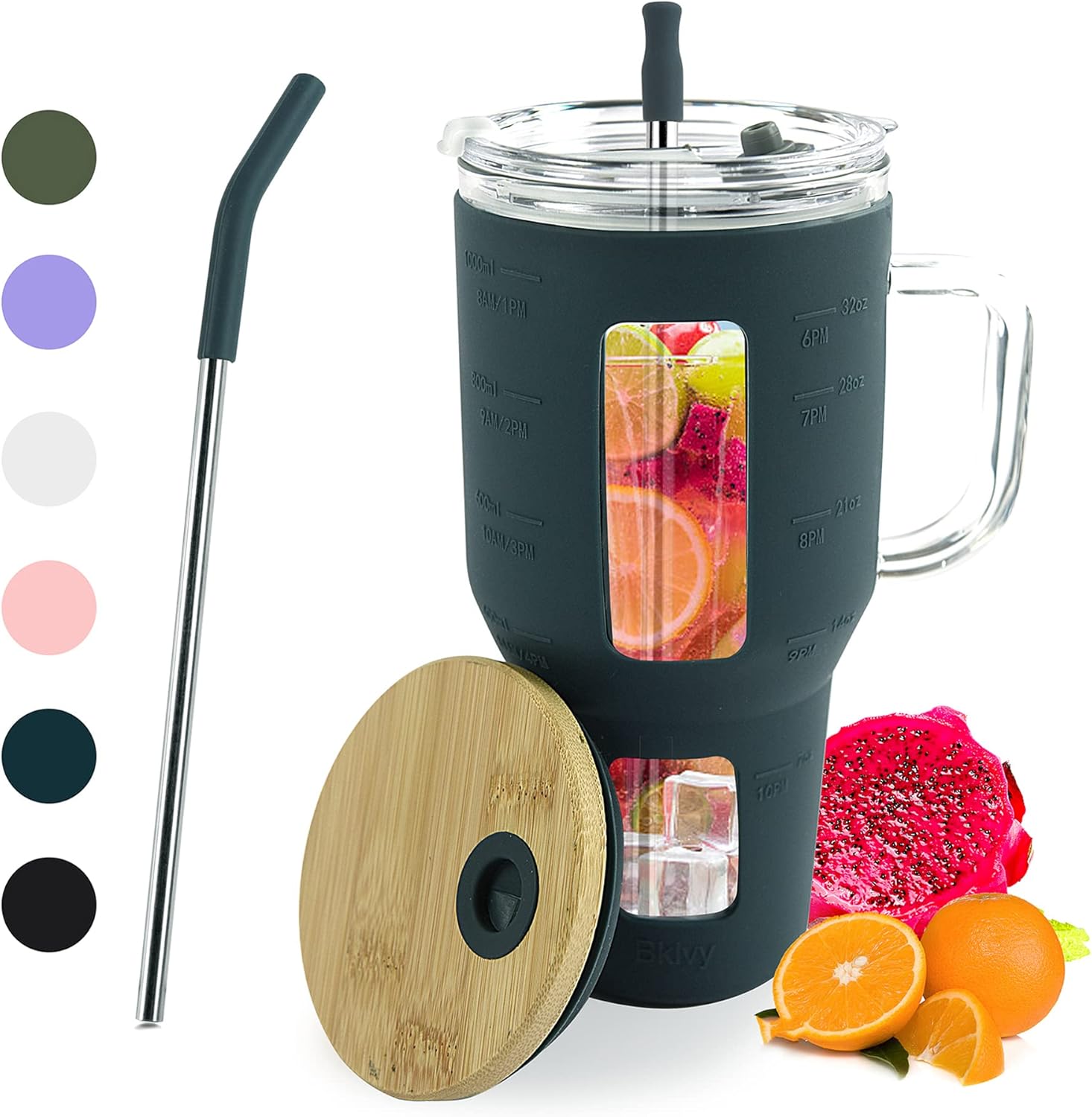 Amazon.com | 32 oz Glass Tumbler with Bamboo Mug 2 Straws & 2 Lids ...