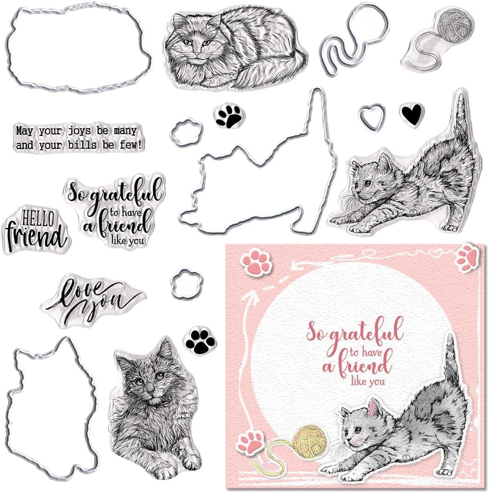 Amazon.com: ALIBBON 3 Cute Cats Clear Stamps and Dies for Card Making ...