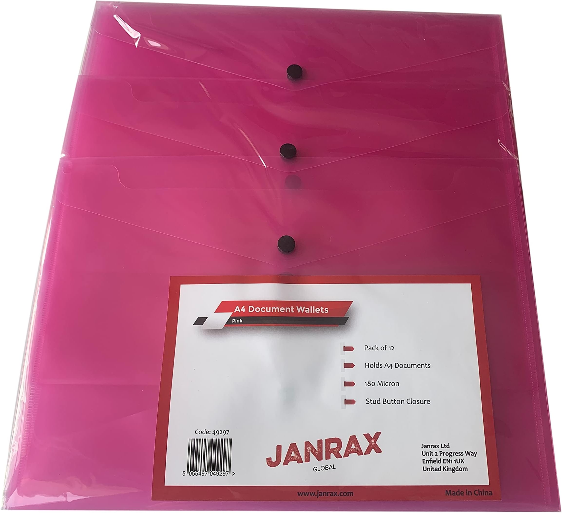 Pack of 12 Janrax A4 Pink Document Wallets - Button Stud Folder ...