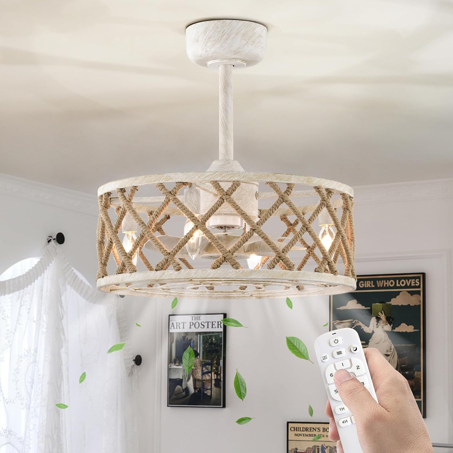 Maxax Caged Ceiling Fan with Lights and Remote Boho Vintage Flush Mount ...