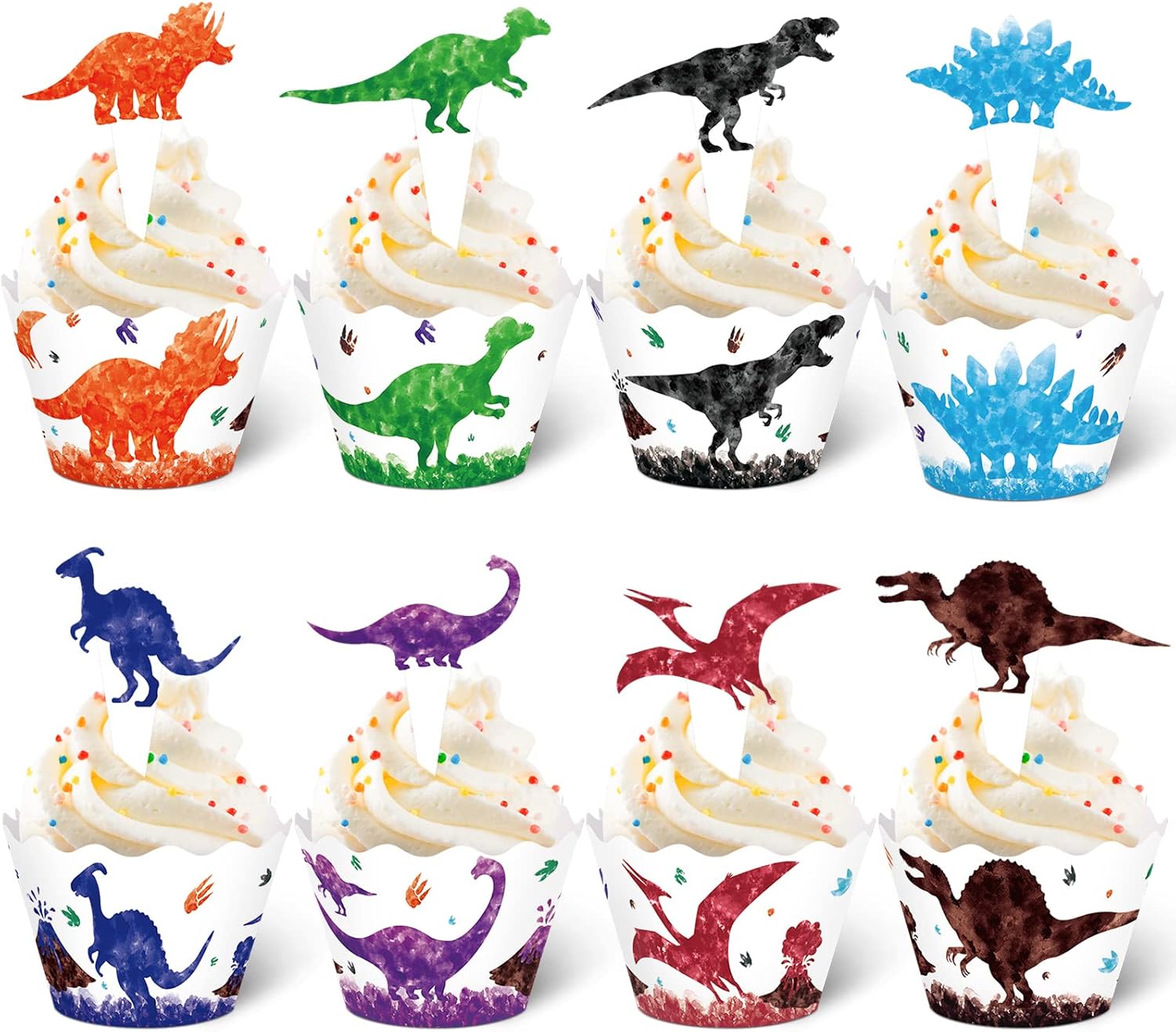 Amazon.com: Nuenen 96 Pieces Watercolor Dinosaur Cupcake Wrappers and ...