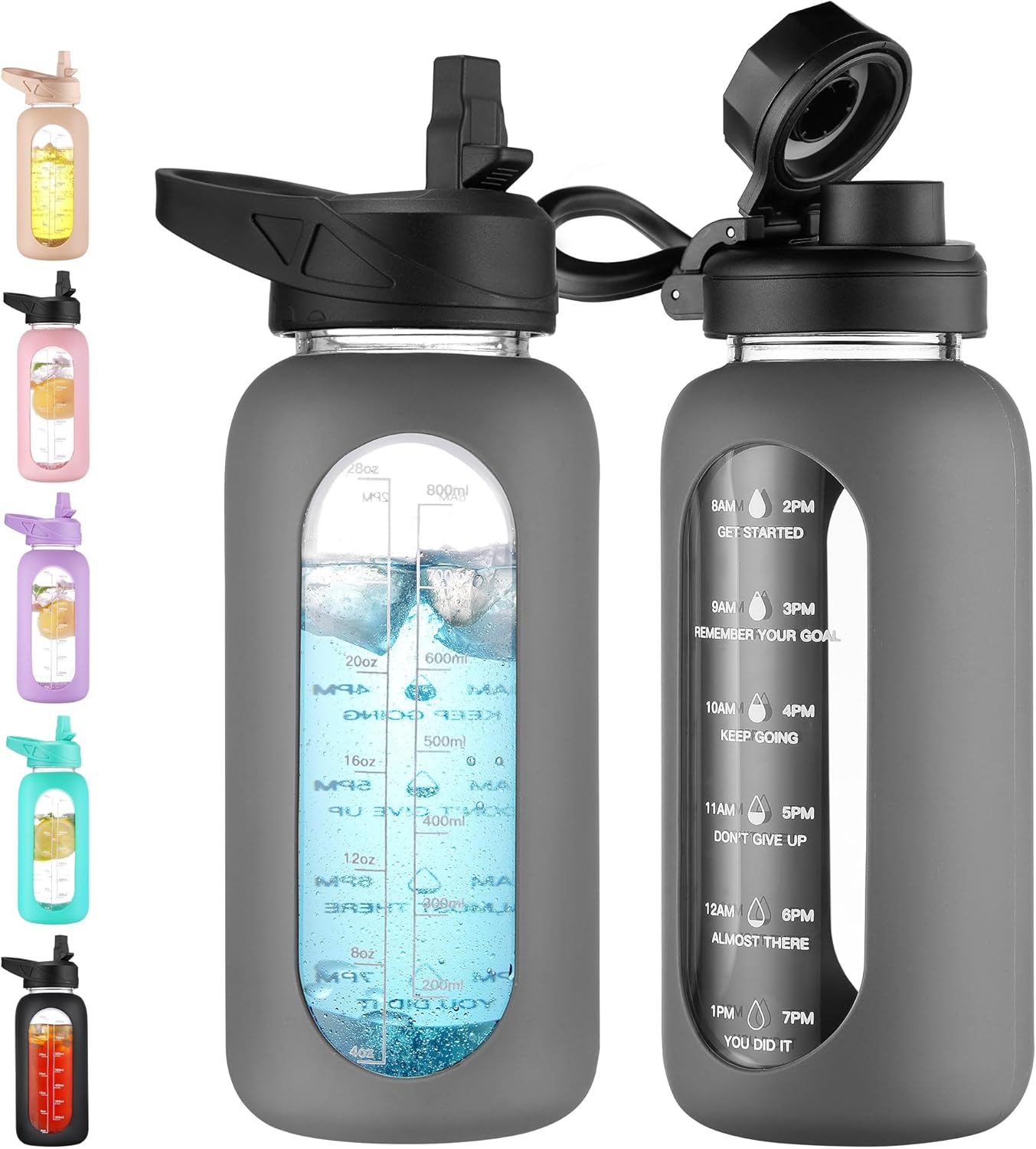 CIVAGO Botella de agua de vidrio de 32 onzas con popote y asa, botella de agua motivacional ...