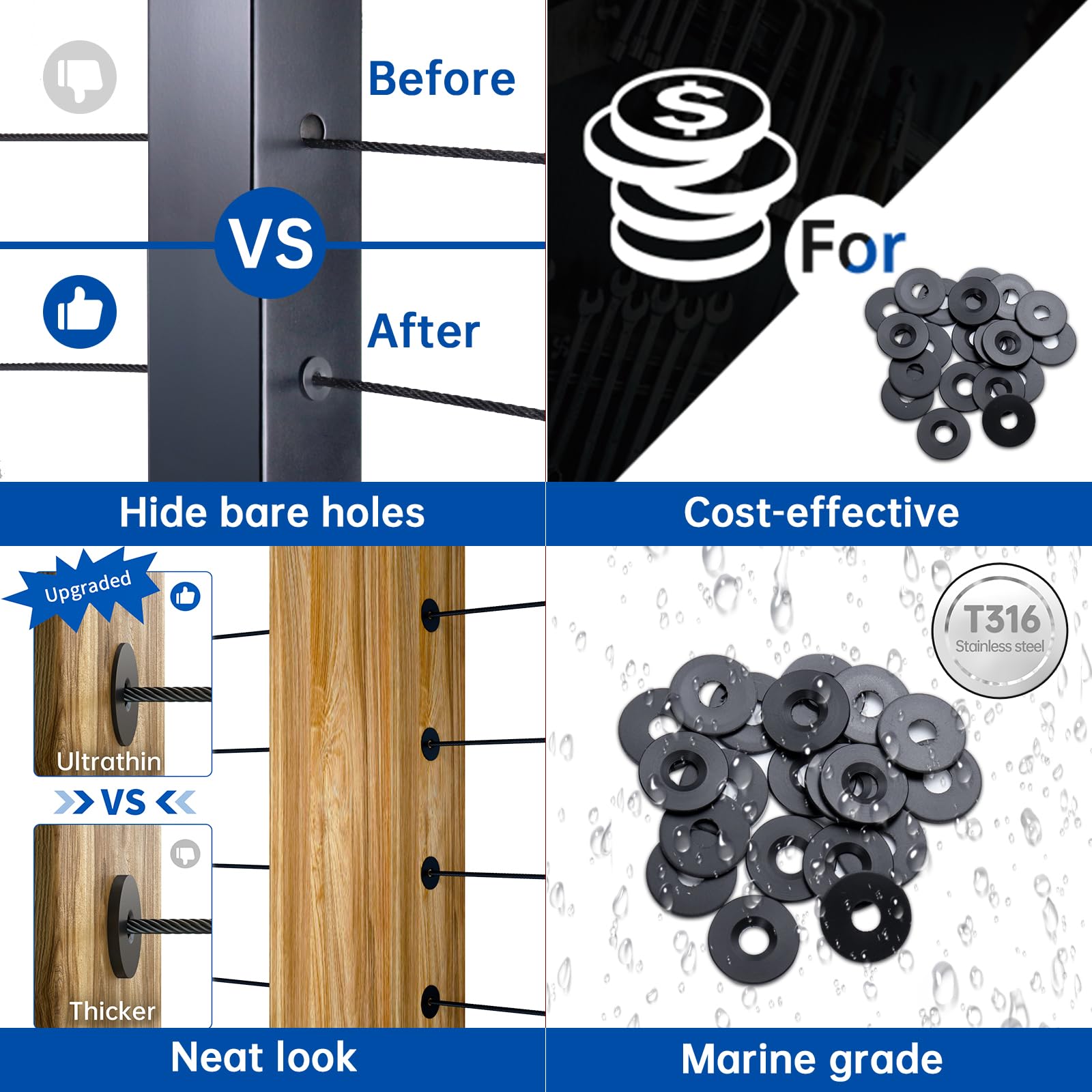 Snapklik.com : 40 Pack Black Cable Railing Adhesive Sleeves For 1/8" 5/ ...
