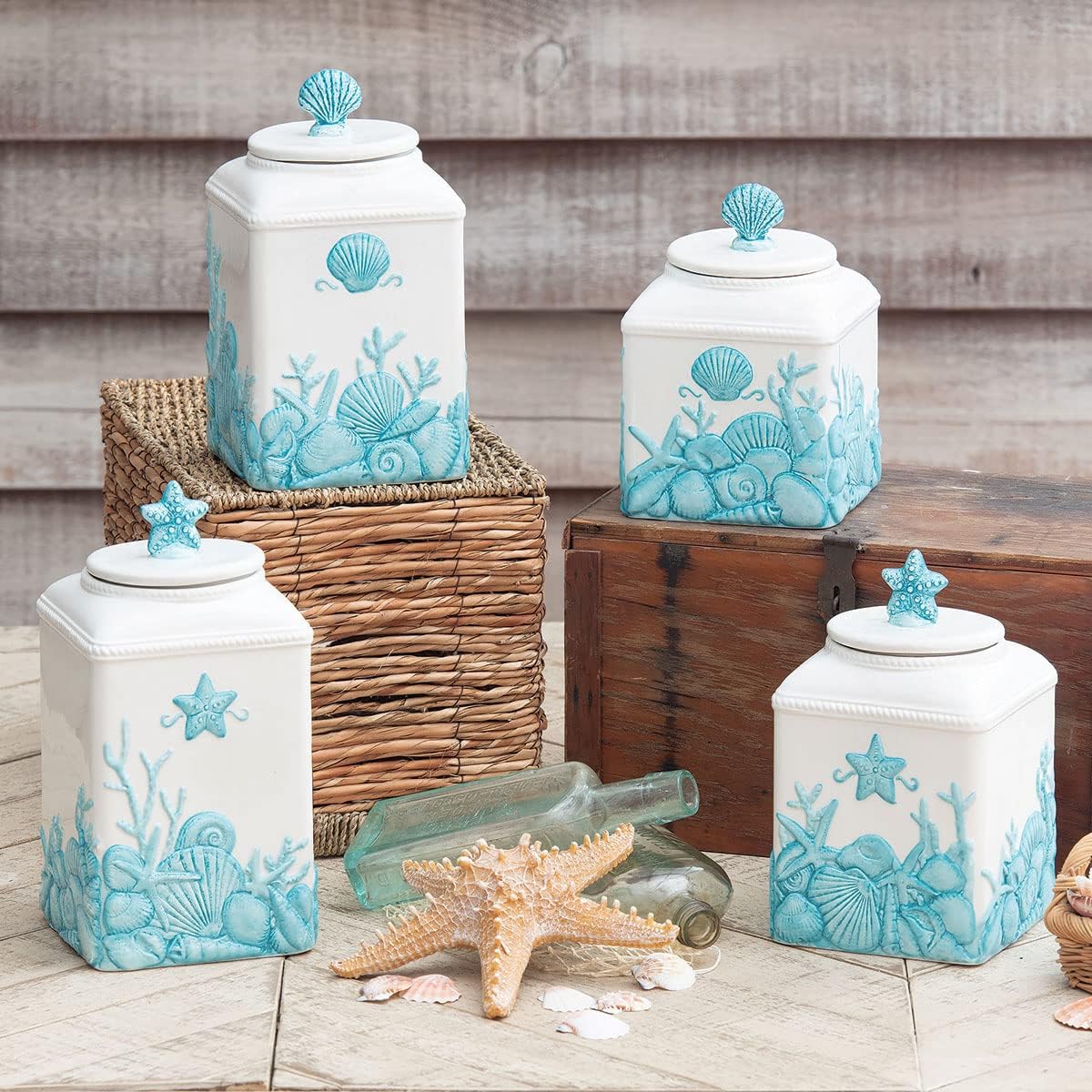 Amazon.com: BLACK FOREST DECOR Blue Shells Ceramic Canisters - Set of 4 ...