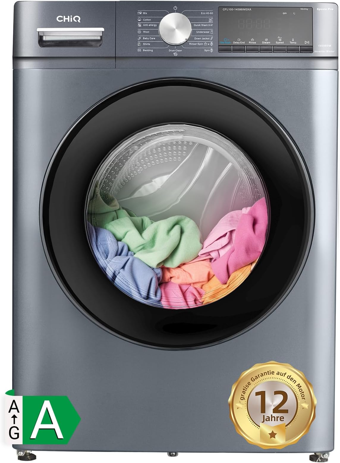 CHiQ Waschmaschine 10kg｜1400 U/min, Eco 40-60°C/ 15 Min Schnellwasch/16 ...