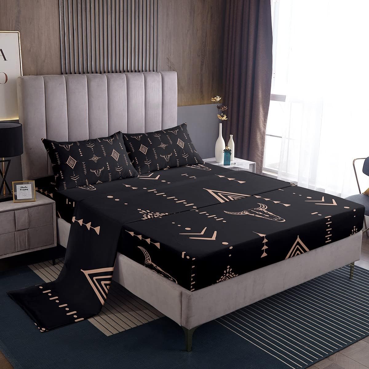 Amazon.com: Bull Skull Bed Sheets Set King Boho Sheet Set Ethnic Horns ...