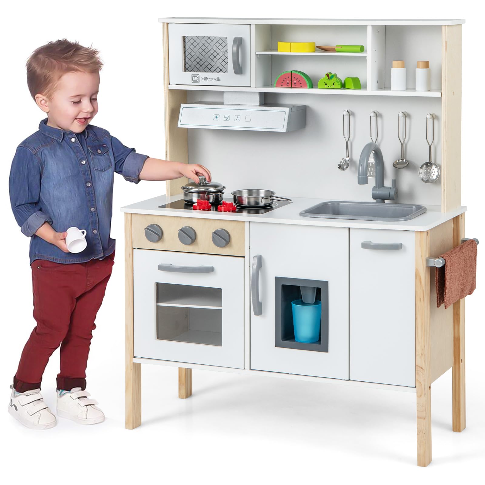 Amazon.com: Costzon Kids Kitchen Playset, Wooden Pretend Toy Kitchen ...