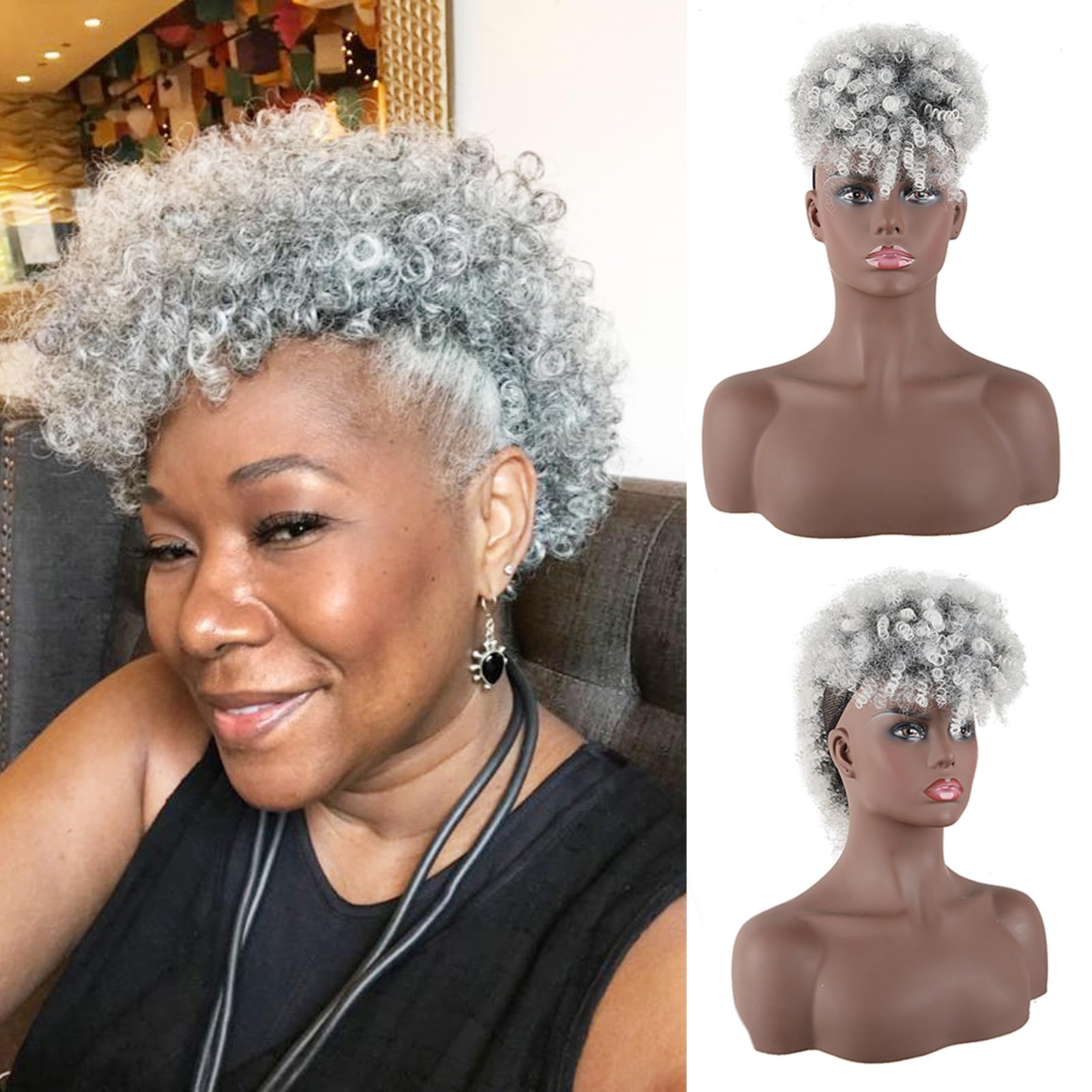 Amazon.com : CINHOO Afro Puff Hair Bun Ponytail With Bangs Gray Mohawk ...