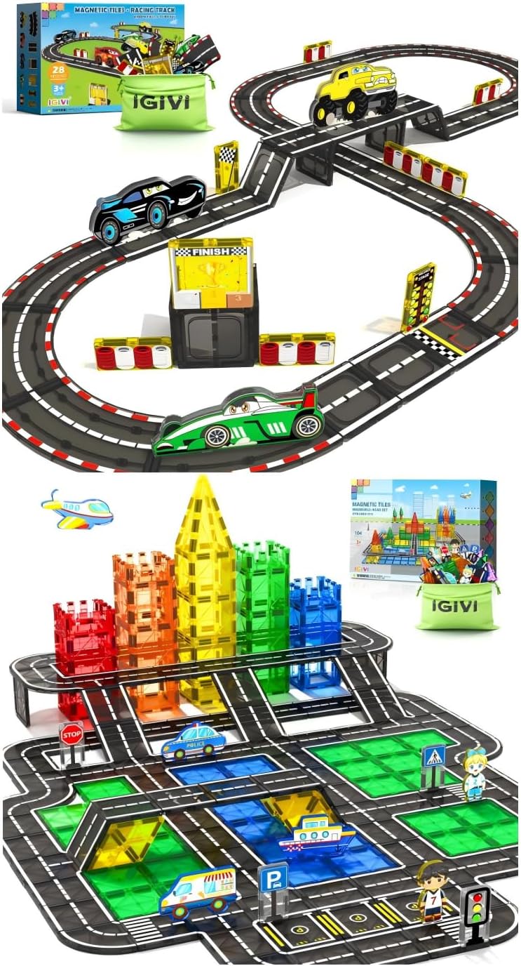 Amazon.com: 132 PCS Magnetic Tiles Road Set, STEM Magnet Building ...