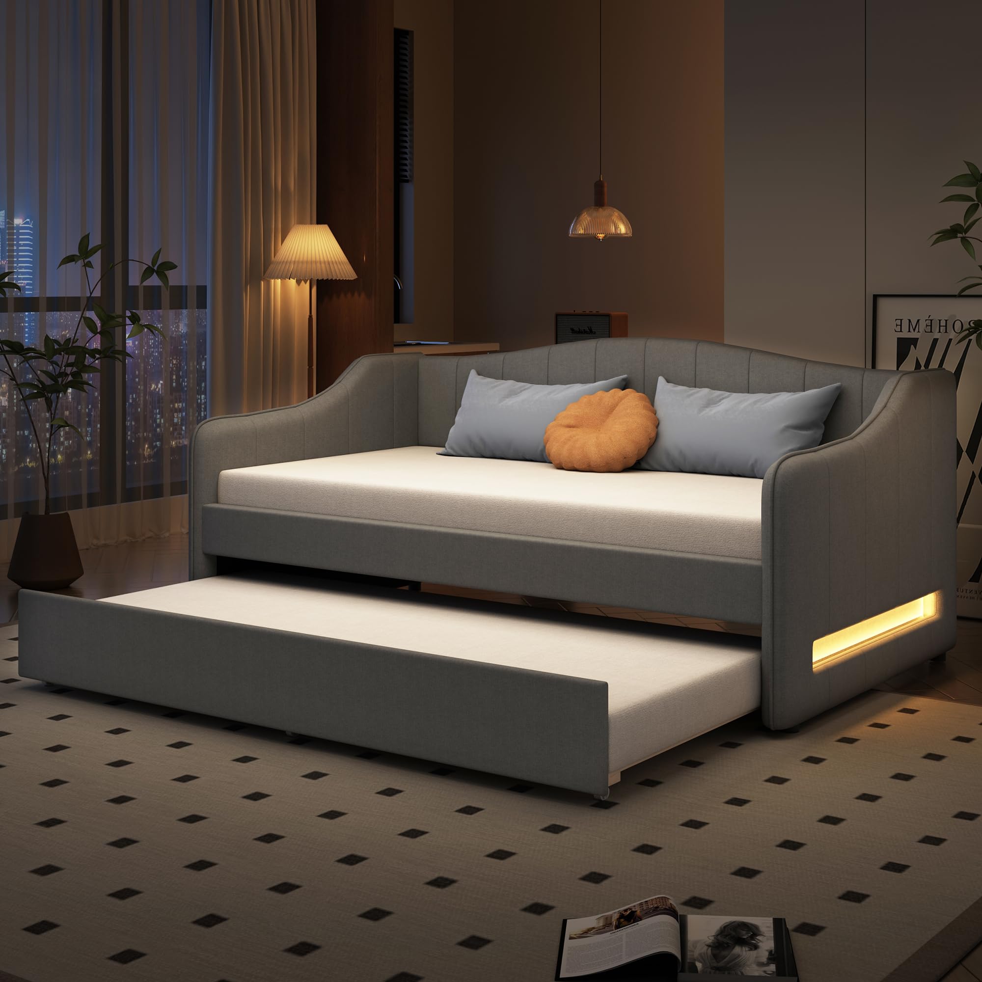 Amazon.com: Twin XL Size Upholstered Daybed with LED Belt and Trundle ...