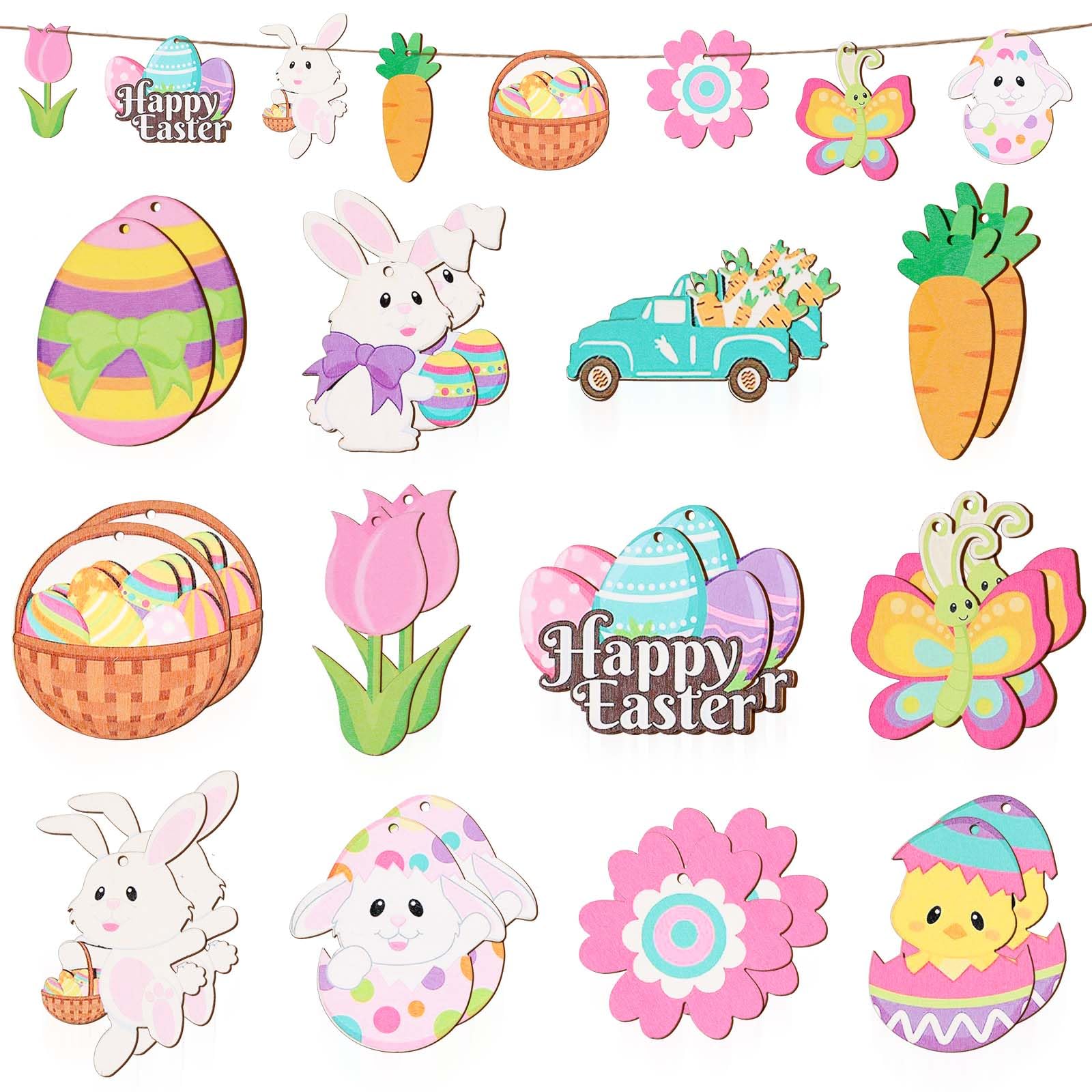 Amazon.com: 24pcs Easter Wooden Hanging Ornaments with Hemp Ropes ...