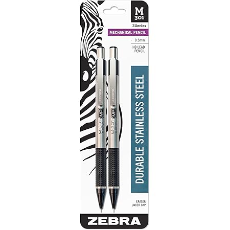 Zebra Mechanical Pencil, Lead/Eraser Refillable, .5mm, Silver/Black, 2 ...