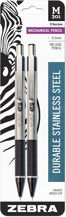 Zebra Mechanical Pencil, Lead/Eraser Refillable, .5mm, Silver/Black, 2 ...