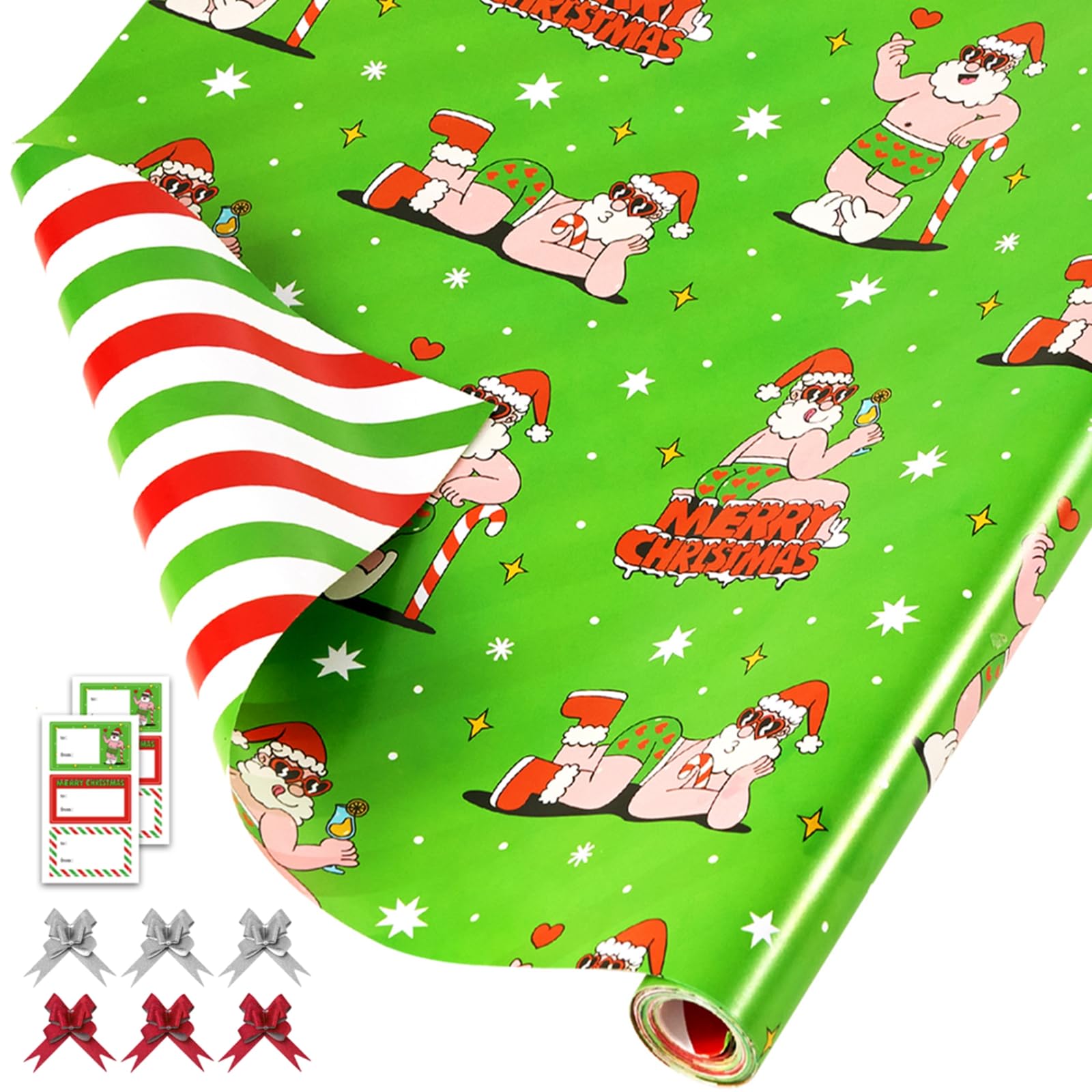 Amazon.com: EWES Green Christmas Wrapping Paper Set Funny Rolls Santa ...