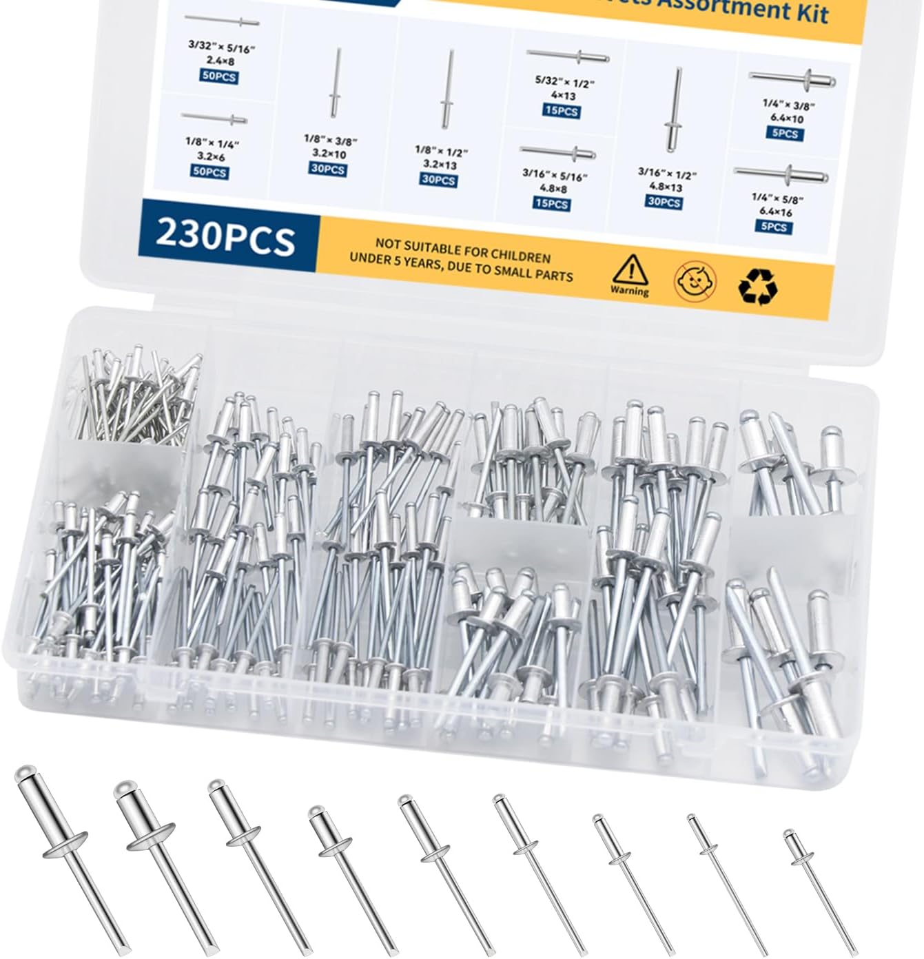 Amazon.com: Quevaeco 230pcs Aluminum Rivets Assortment Kit 9 Sizes Pop ...