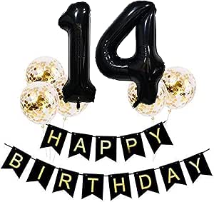 Amazon.com: Tellpet Black Number 14 Balloon + Happy Birthday Balloons ...