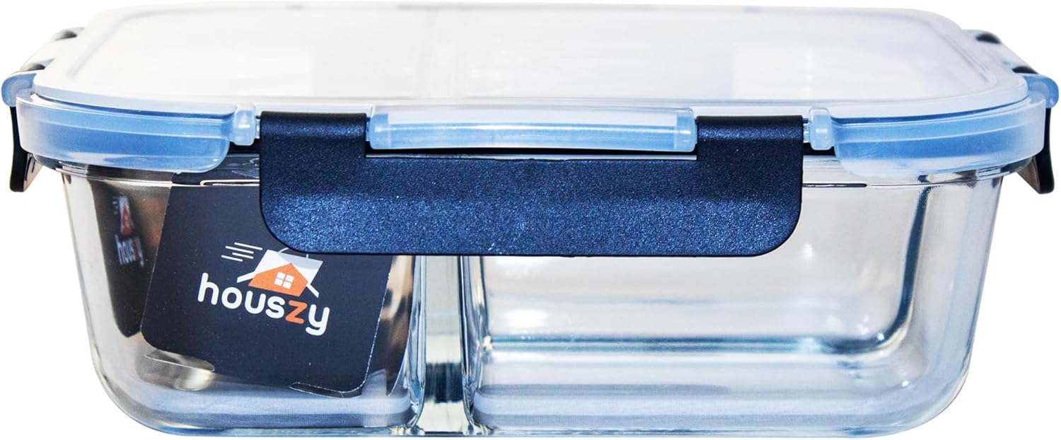 HOUSZY Glass Meal Prep Container-980 ml 3-Compartment Glass Container ...