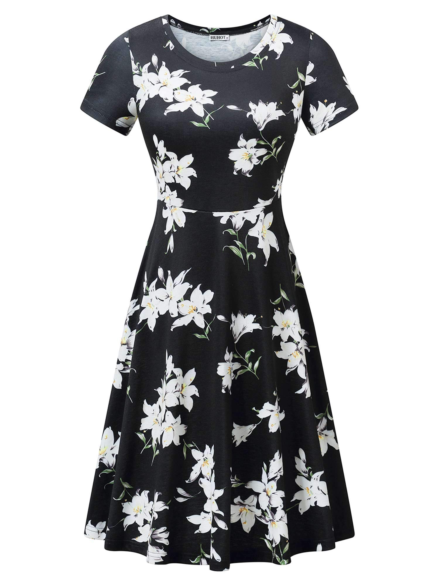 Buy huhot women short sleeve round neck summer casual flared midi dress ...