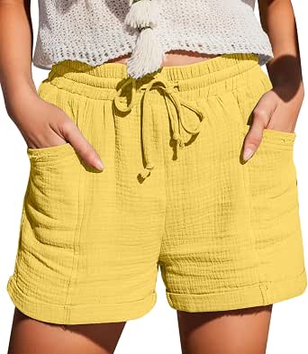 Generic Linen Shorts for Women Casual Drawstring Elastic Waist Summer ...