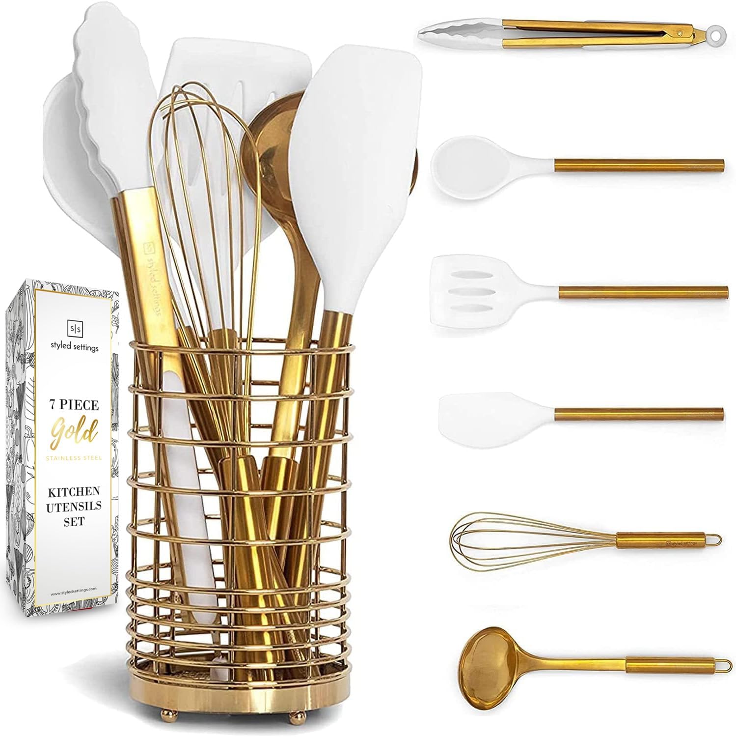 Amazon.com: Gold Kitchen Utensils Set – 7-Piece White Silicone Cooking ...