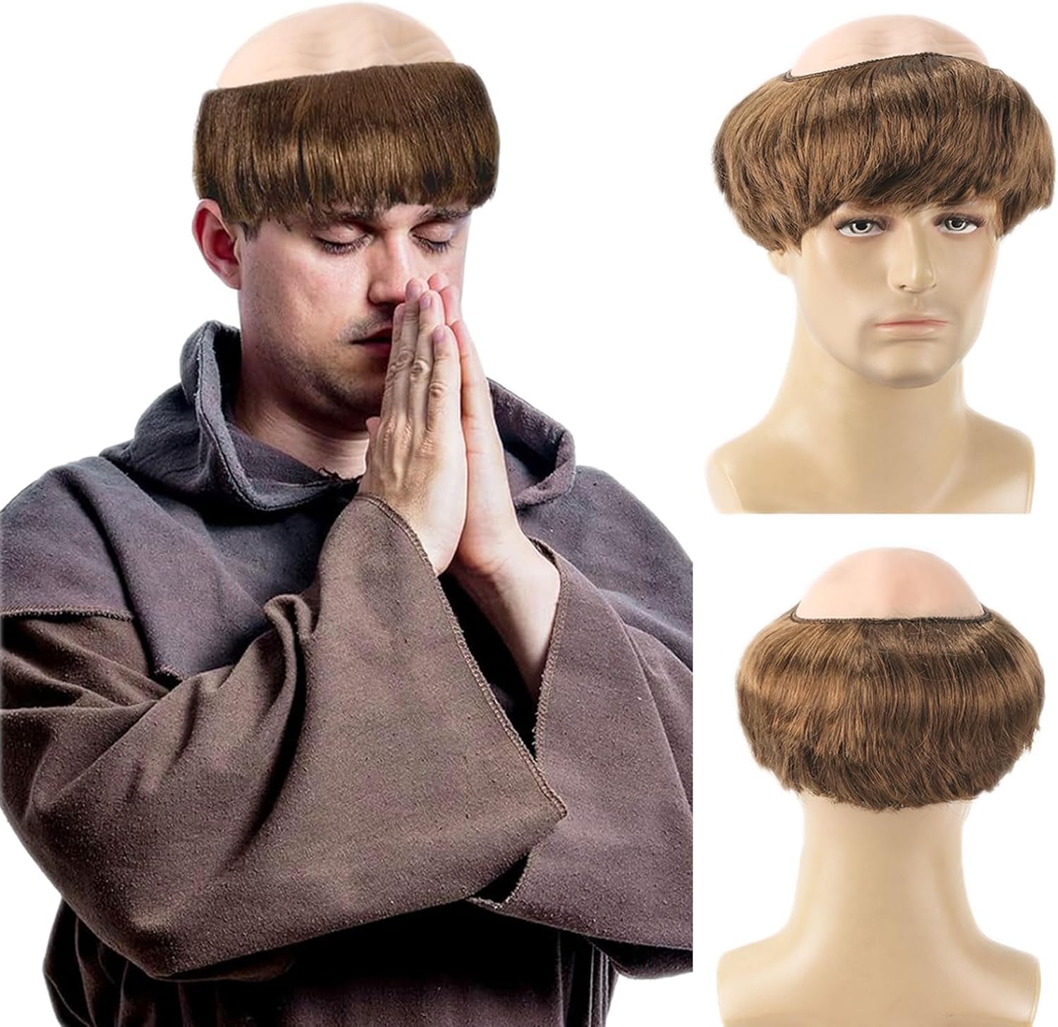 FOUNSHO Monk Bald Cap Wig Short Straight Hair, Men's Fancy Dress Bowl ...