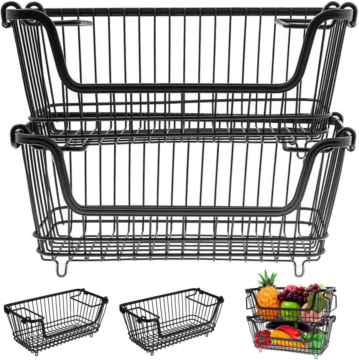 Wire Storage Basket, 2 Pack Stackable Metal Wire Baskets with Handle ...
