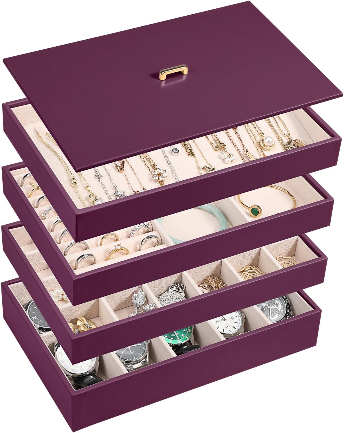 Amazon.com: Voova Stackable Jewelry Organizer Tray with Lid, PU Leather ...