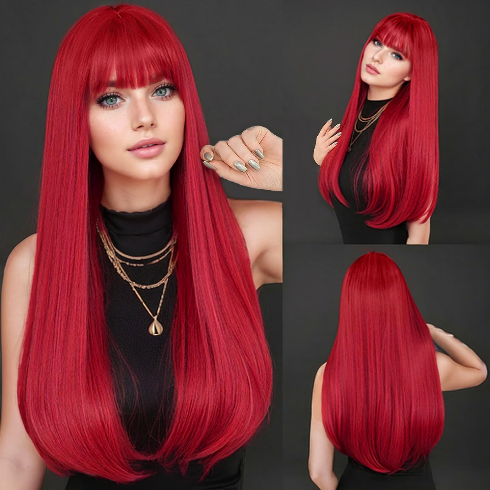 Amazon.com : SUKRI Red Wig with Bangs Long Straight Wigs for Women Red ...