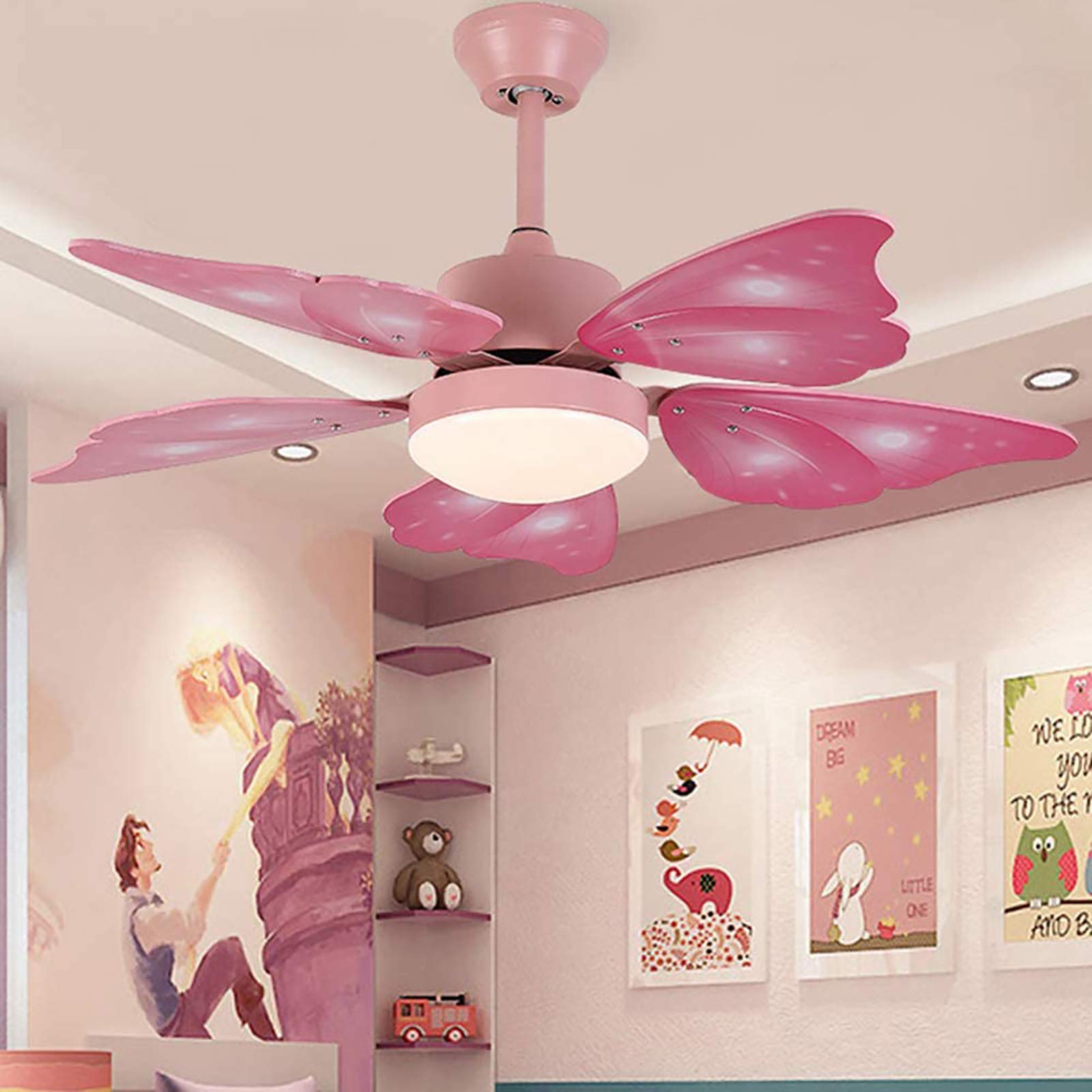Pink Ceiling Fans With Lights 48 Inch Elsa, White / Pink, Pull Chain,