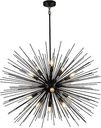 FookChak 35in Black Sputnik Chandelier 12-Light Starburst Chandelier Light Fixture Solid Metal ...