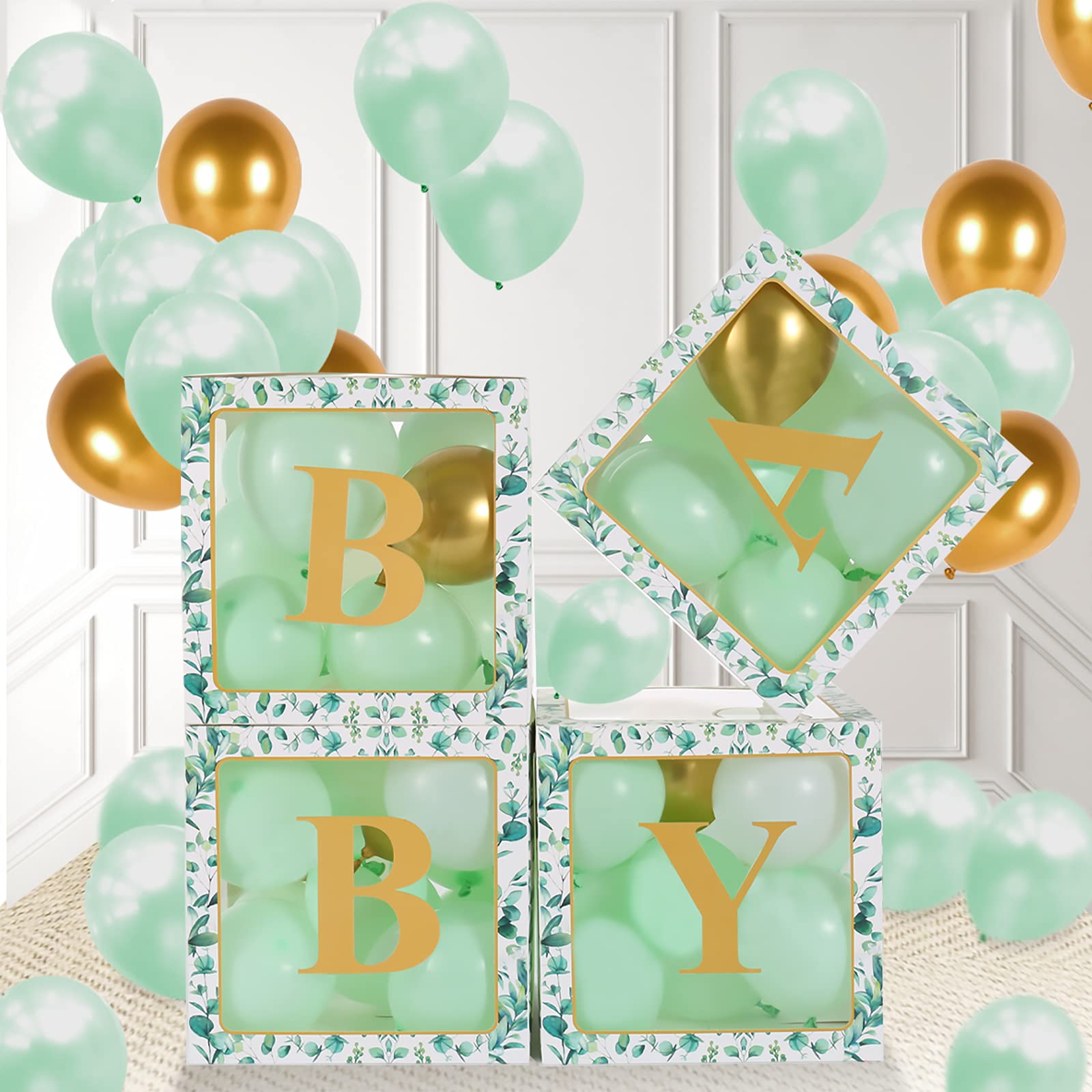Sage Green Baby Shower Boxes Transparent Balloon Blocks Boxes Greenery ...