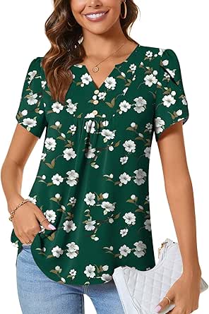 CATHY Women's Petal Short Sleeve Tunic Tops Dressy Summer Blouses V ...