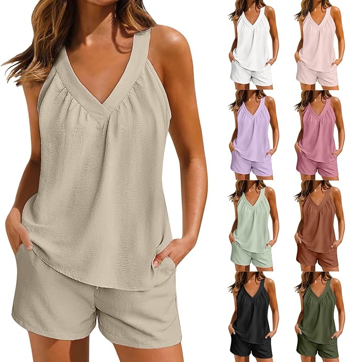 Amazon.com: Linen Shorts Sets Women 2 Piece Outfits V Neck Halter Tops ...