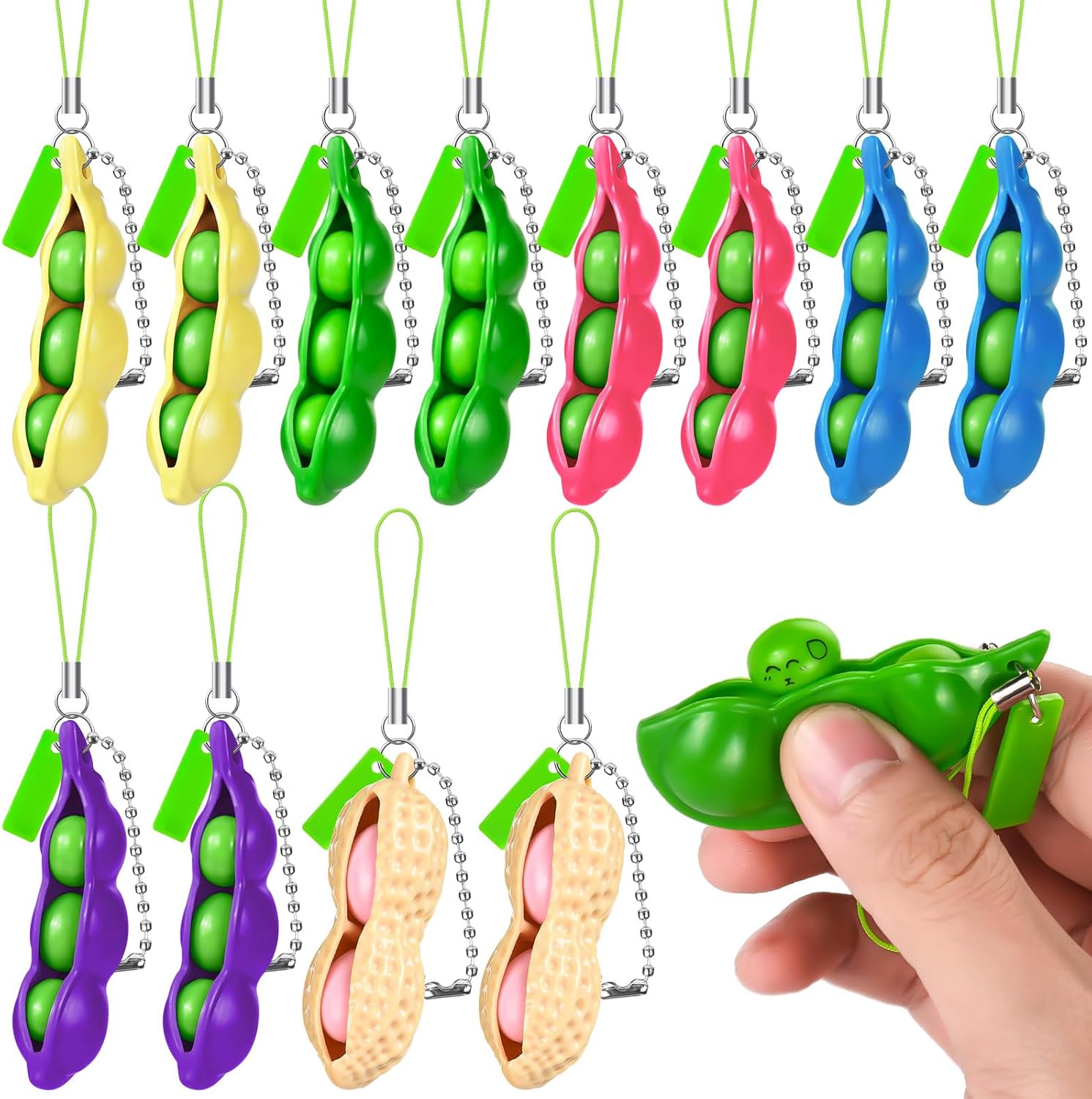 Amazon.com: 12 Pcs Peapod Fidget Toy, Squeeze Peanut Bean Keychain ...