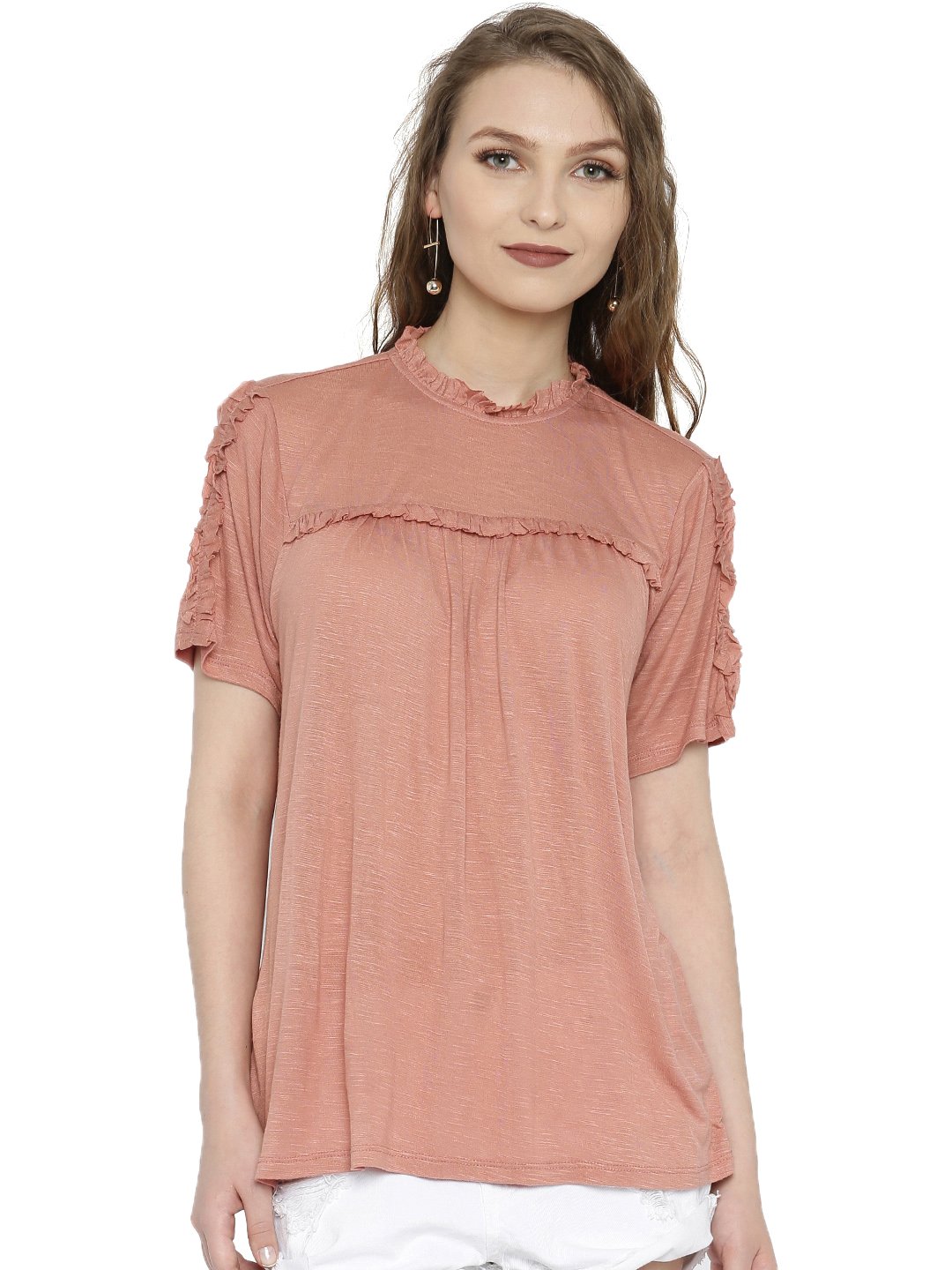 FEMELLA Blush Ruffled Detail top Rose Pink Round Neck 95% Viscose and 5 ...