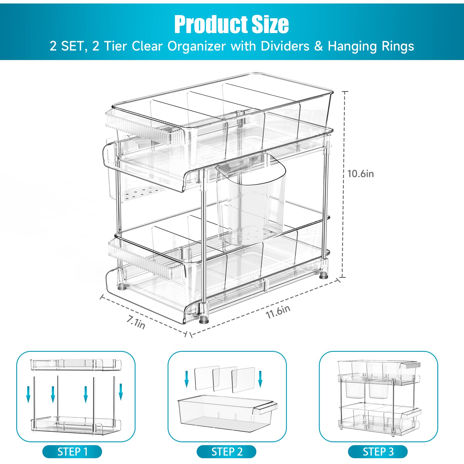 2 SET, 2 Tier Bathroom Organizer with Dividers, Clear Under Sink ...