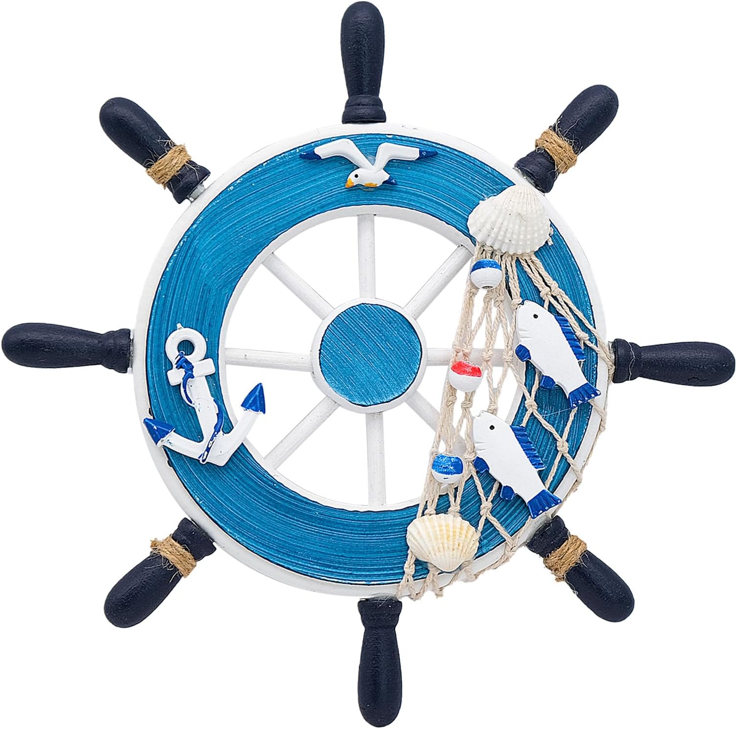 Healifty Wooden Wheel Nautical Boat Ship Wheel Fishing Net Shell Home ...