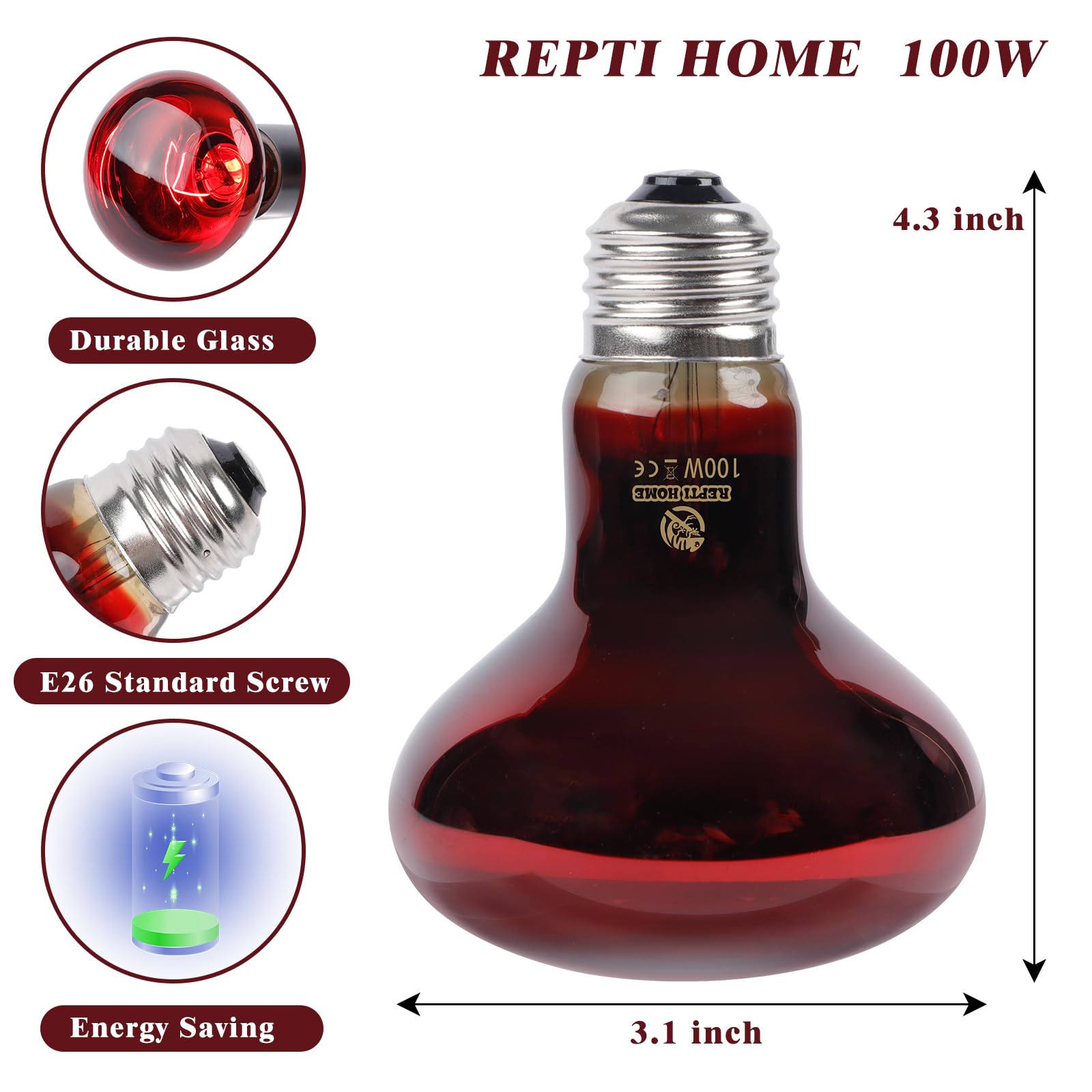 Snapklik.com : Reptile Heat Lamp,100W Red Basking Spot Lamp Bulb For ...