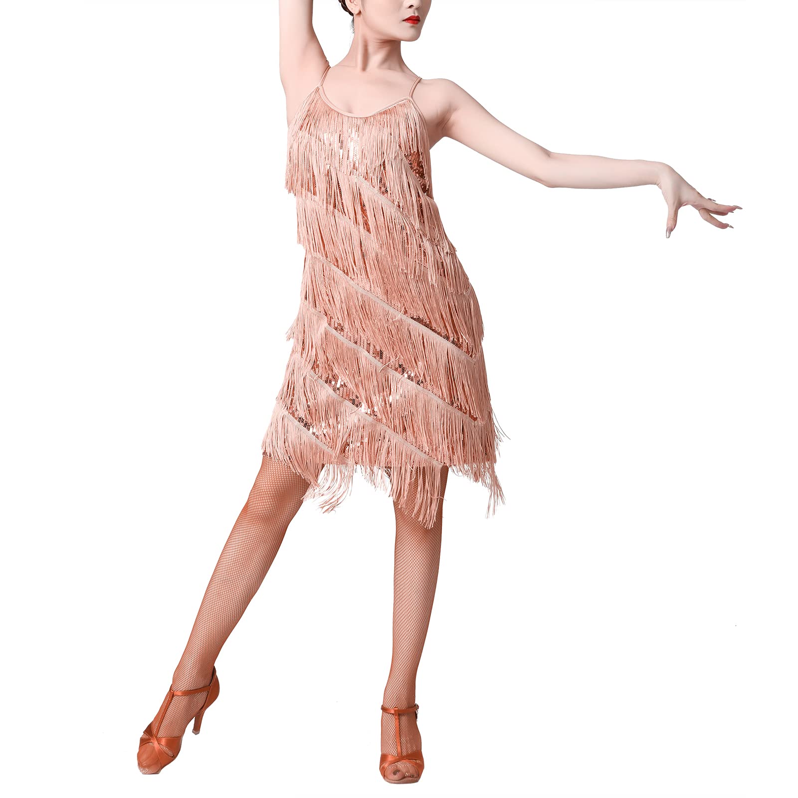 Amazon.com: Women Sequin Tassel Flapper Dress Sleeveless Stand Collar ...