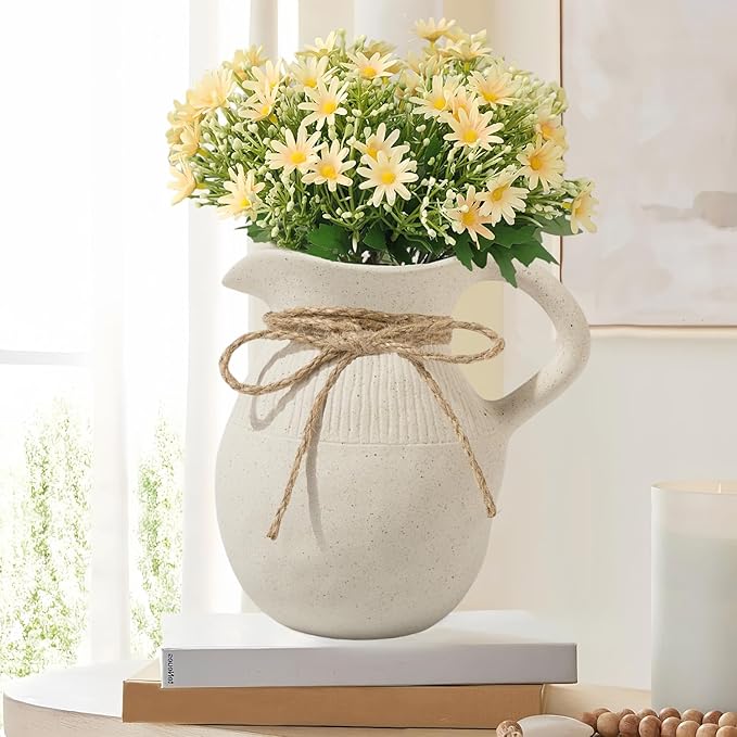 Amazon.com: Farmhouse Ceramic Vase with Handle, Rustic Pitcher Vase for ...