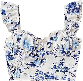 BEAUDRM Women's Floral Print Ruffle Trim Crop Blouse Boho Cap Sleeve Sweetheart Neck Shirred ...
